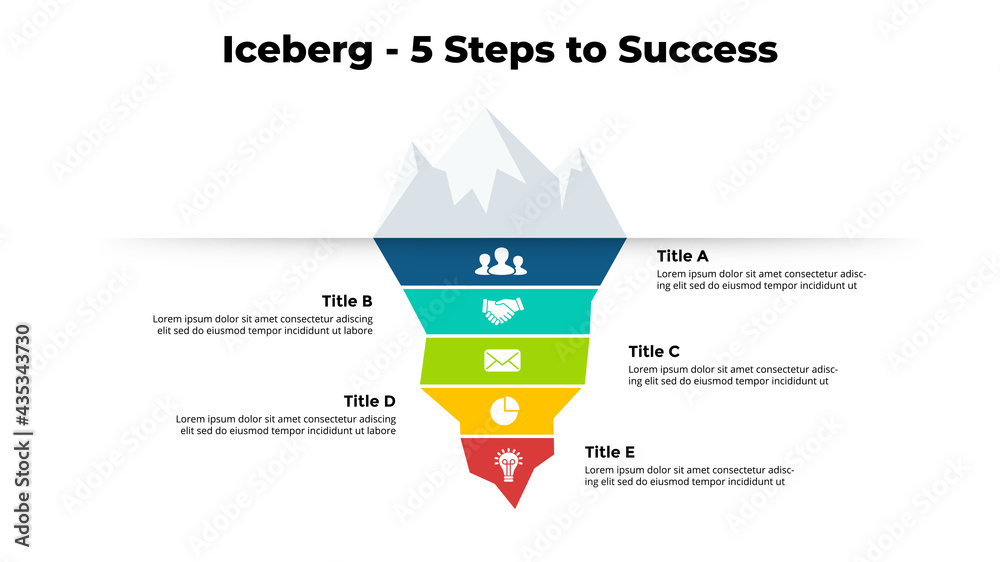 Iceberg infographic. Presentation slide template. Chart with 5 steps ...