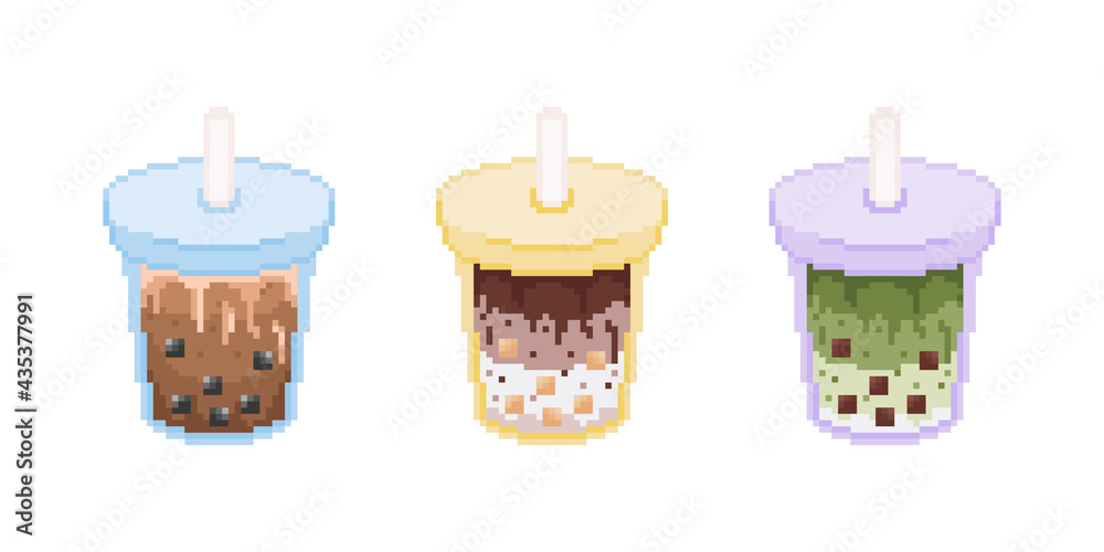 Pixel art bubble milk tea illustration. Vintage boba tea set in retro 8 ...