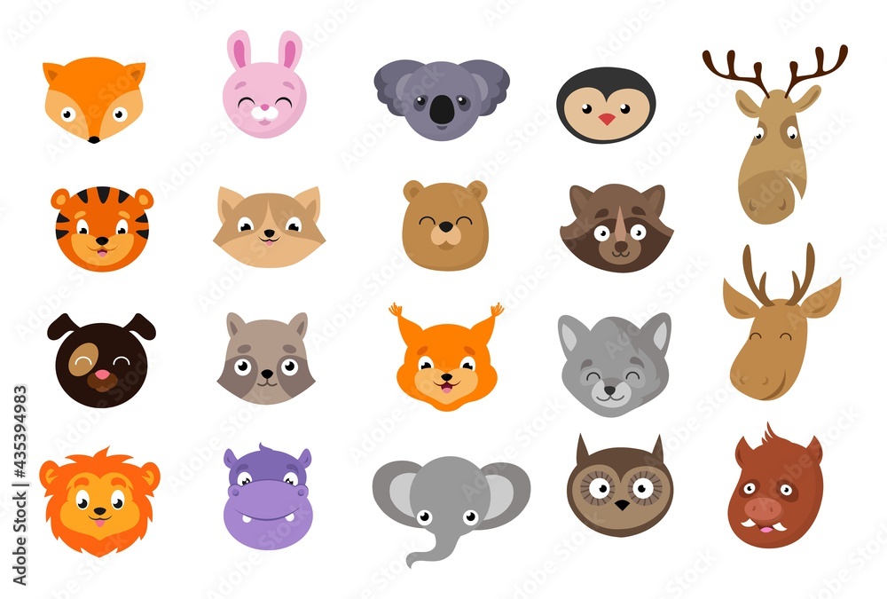 Cute animal avatars. Animals heads, exotic wild lion koala hippo. Baby ...