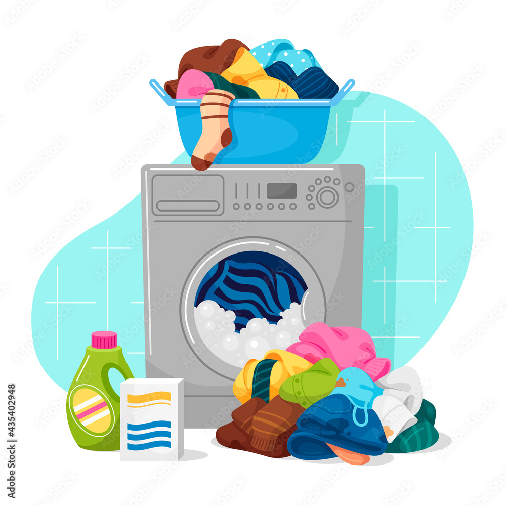 Washing machine dirty linen vector flat cartoon illustration. Household ...
