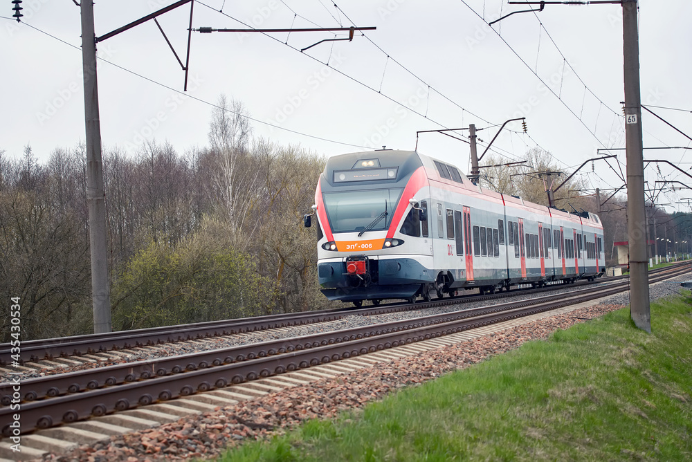 Minsk, Belarus. Apr 2021. Passenger electric train - Stadler Flirt - in ...