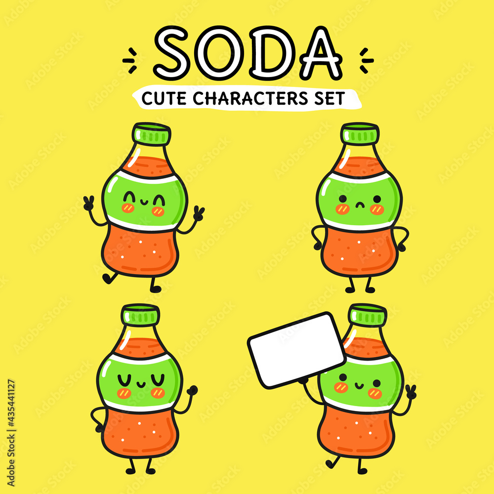 Vetor Funny cute happy Soda characters bundle set. Vector kawaii line ...