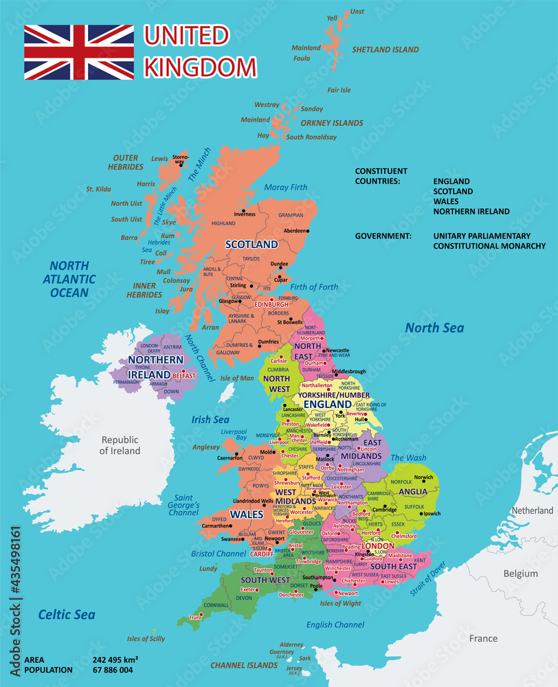 Political and administrative vector map of Great Britain. Cities ...