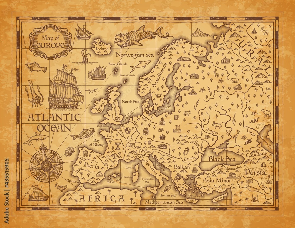 Vintage map of Europe, vector ancient parchment with european continent ...