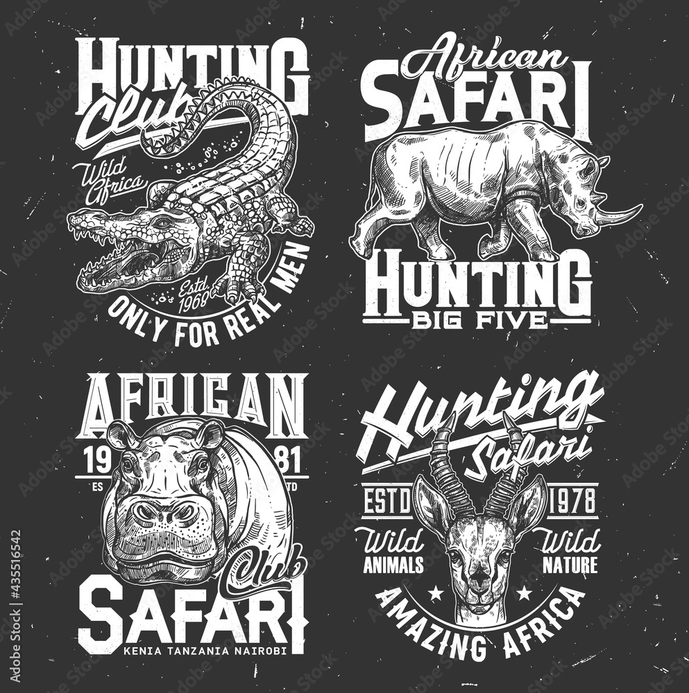 Safari hunting tshirt prints sketch vector rhino, hippo, crocodile and ...