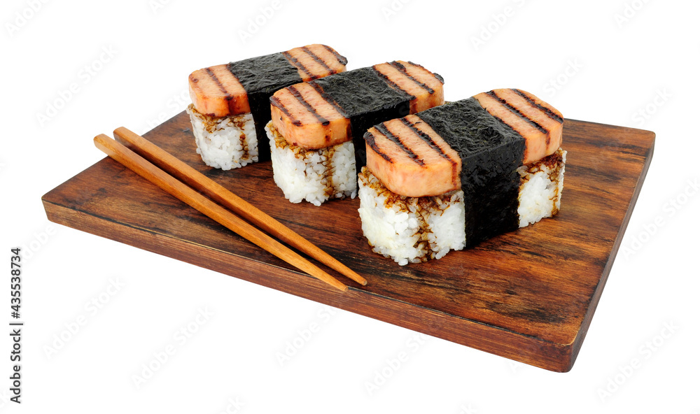 Spam musubi with grilled pork luncheon meat and sushi rice wrapped with ...