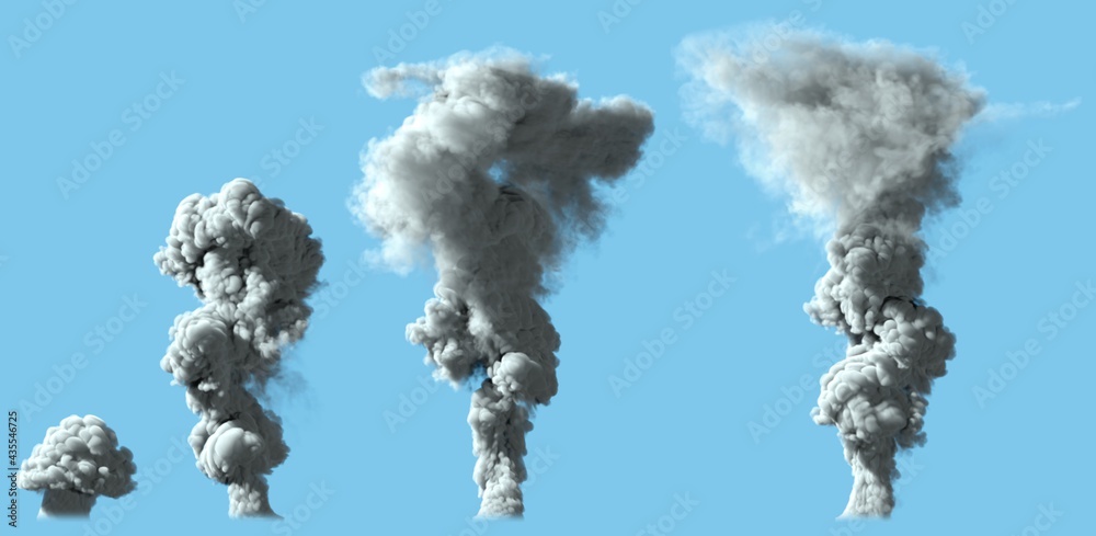 4 images of heavy bright smoke column as from volcano or huge ...