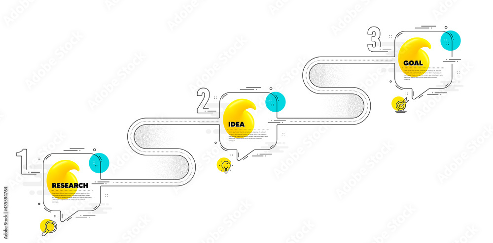 Infographic journey 3 steps timeline with icons. Research, idea quote ...