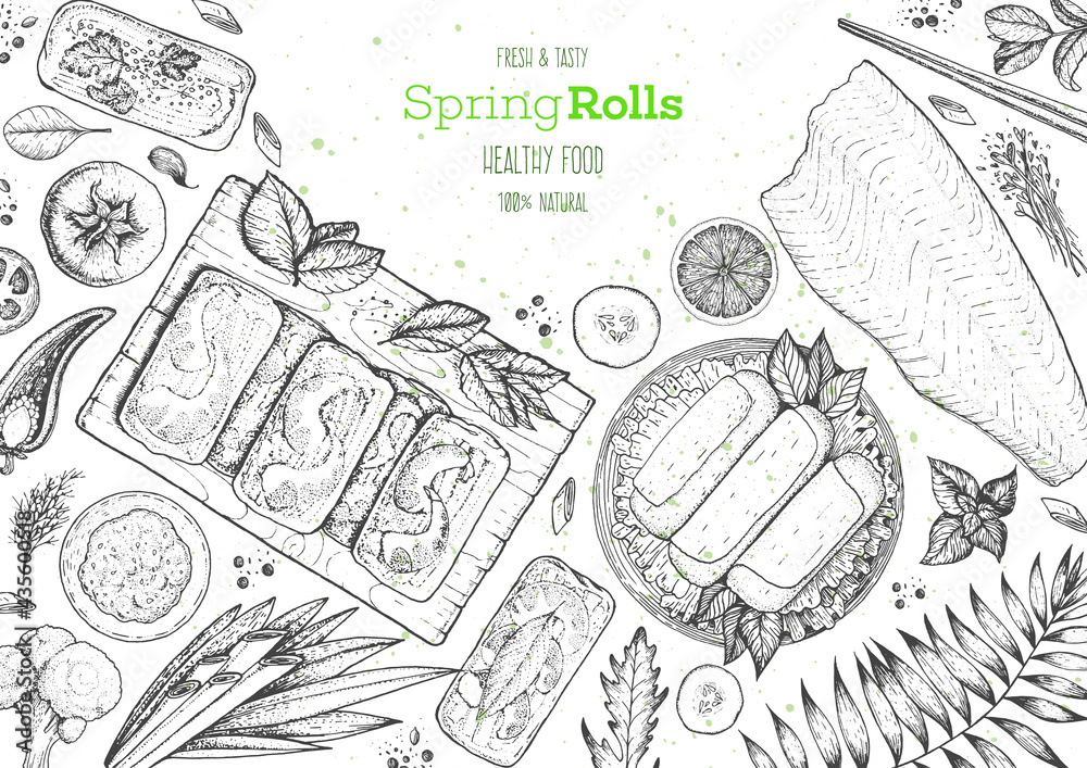 Asian food menu design template. Spring rolls and ingredients for ...