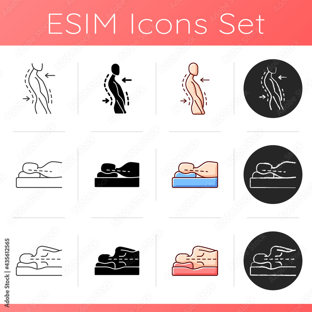 Poor posture problems icons set. Swayback posture. Correct sleeping ...
