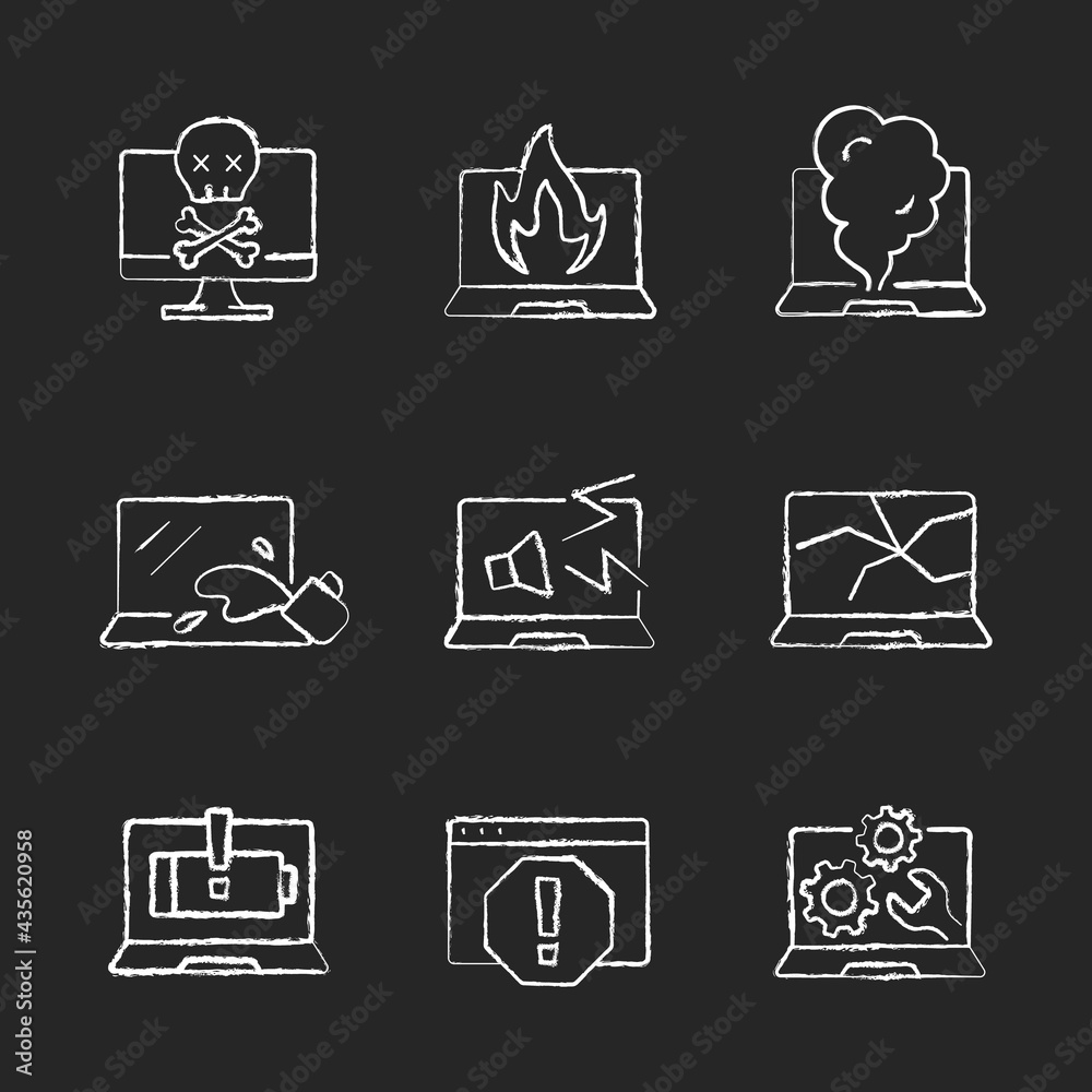 Computer damage chalk white icons set on black background. Burning notebook. smoke from keyboard ...