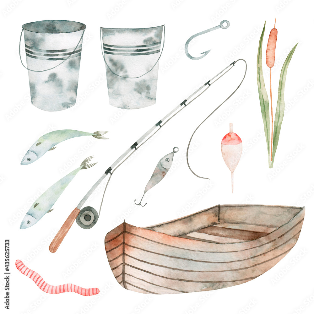 Watercolor hand drawing set fishing, Father's Day, Wooden boat, iron ...