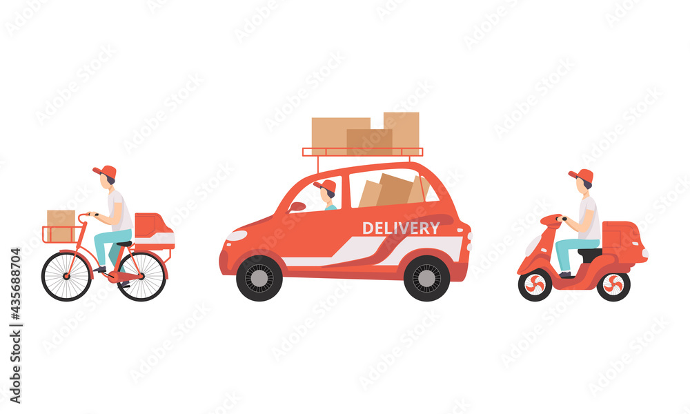 Delivery Transport Set, Couriers Carrying Parcels By Motorbike, Car and ...