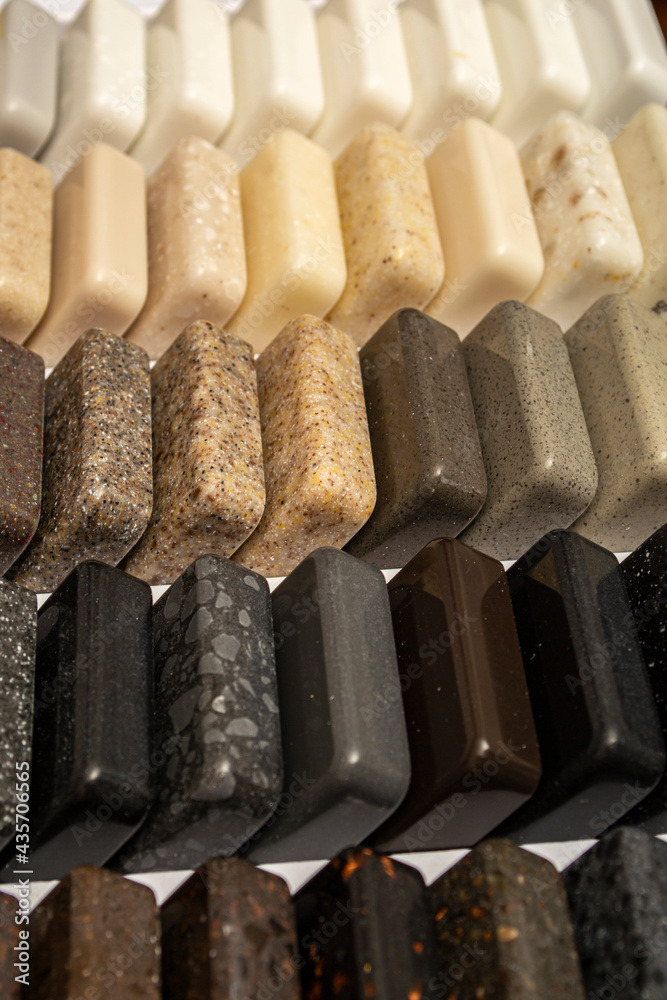 Samples of natural granite, marble and quartz stone, countertops. Model ...