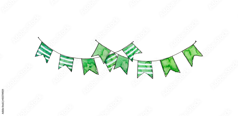 Watercolor hand drawn sketch illustration of garland of green flags ...