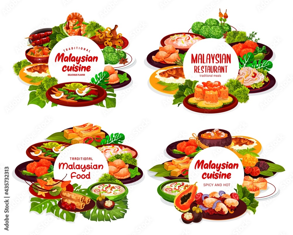Malaysian cuisine round posters, vector vegetable food with meat ...