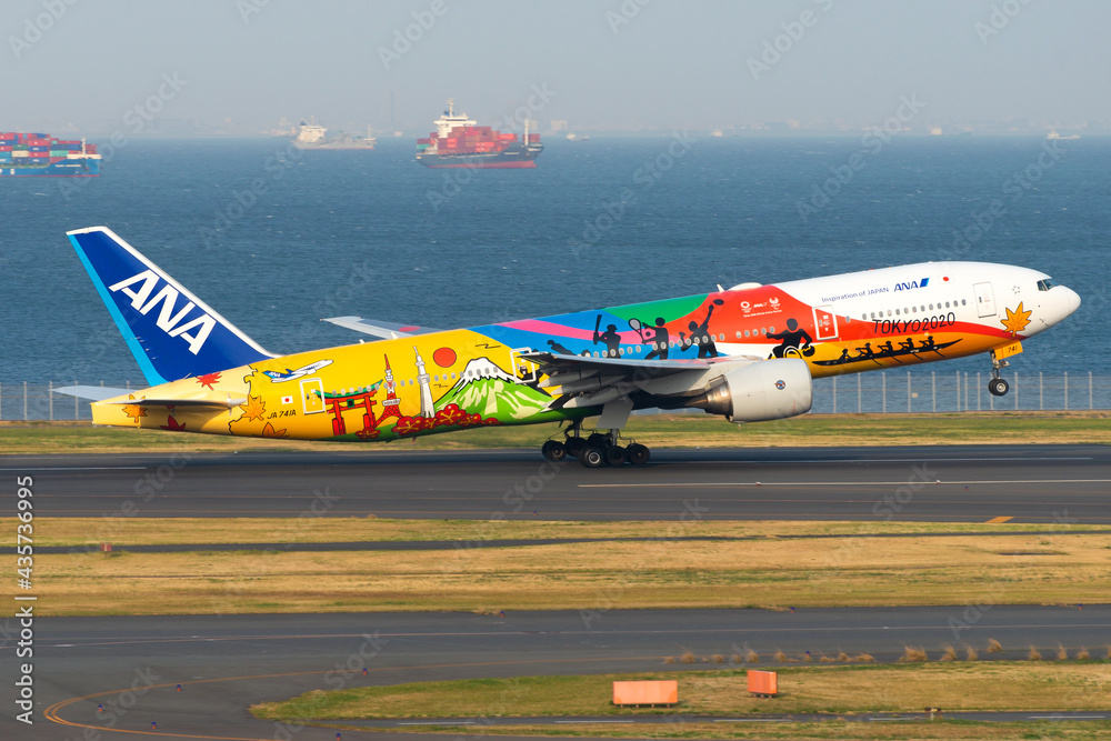All Nippon Airways (ANA) Boeing 777 departing Haneda Airport with a ...
