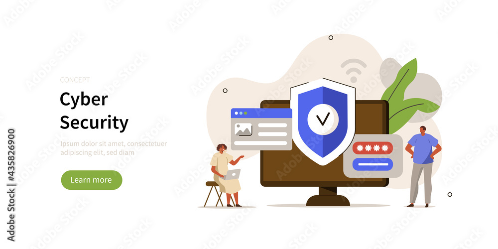 Characters working on computer and using сyber security services to ...