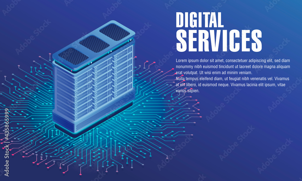 Isometric concept with with Server and circuits. Server hovering over ...