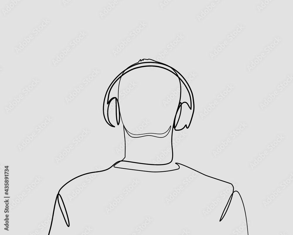 Continuous line, Handsome man in headphones listening to music. Drawing ...