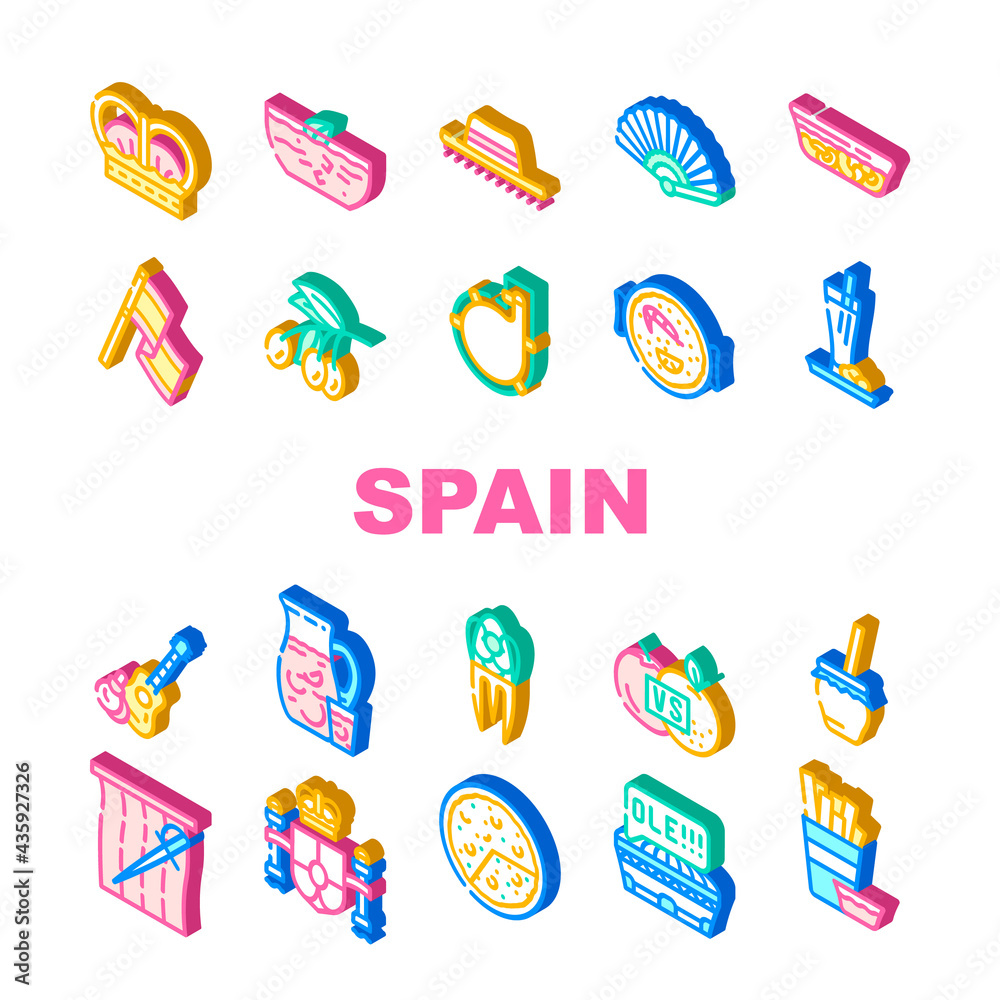 Spain Nation Heritage Collection Icons Set Vector. Gazpacho, Omelet And ...