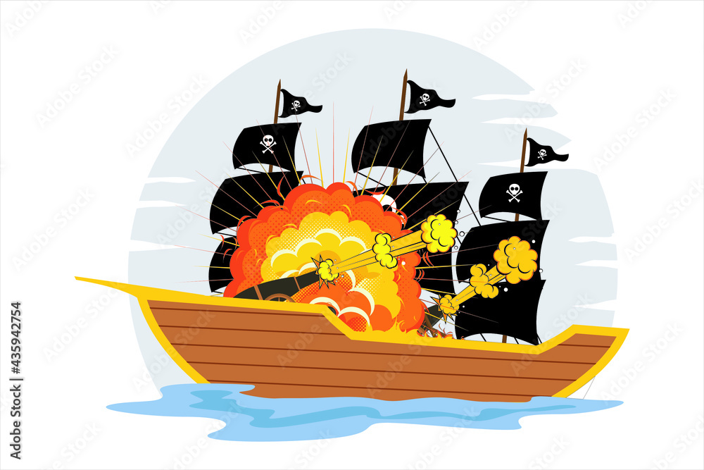 Cartoon pirate ship exploding cannon balls 素材庫向量圖 | Adobe Stock