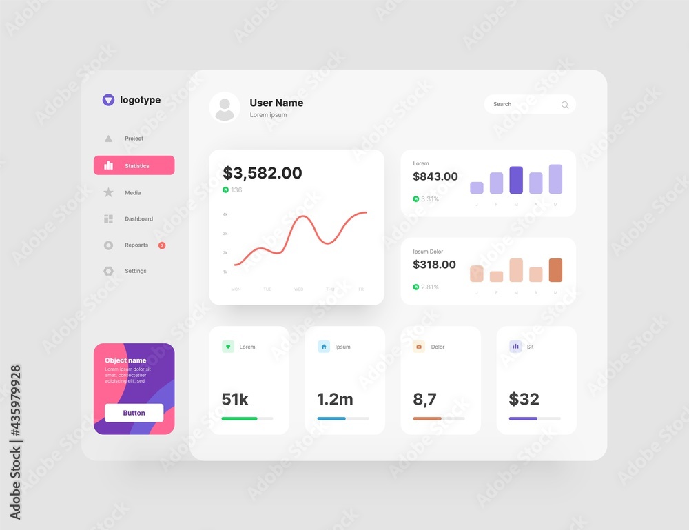 Dashboard Design. App interface with UI and UX elements. Use design for web application, desktop ...