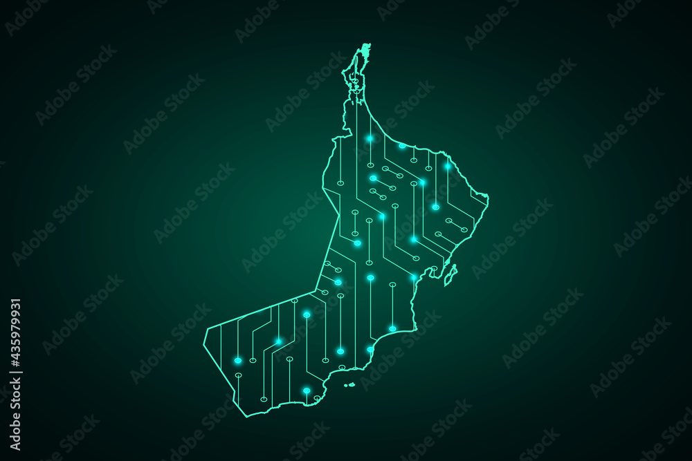 Map of Oman, network line, design sphere, dot and structure on dark background with Map Oman ...