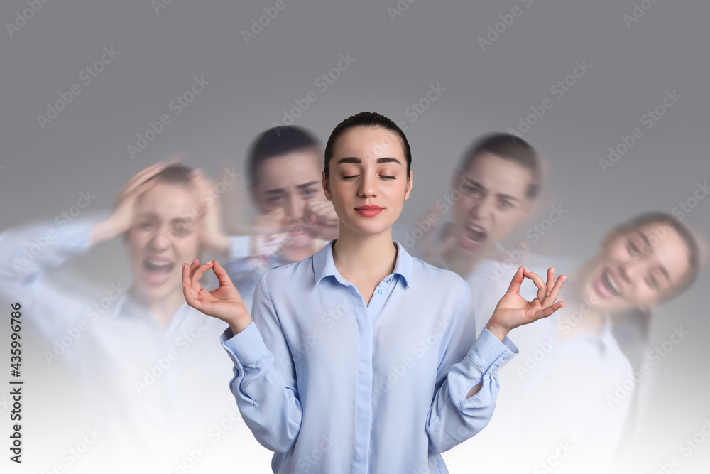 Woman with personality disorder on light background, multiple exposure ...