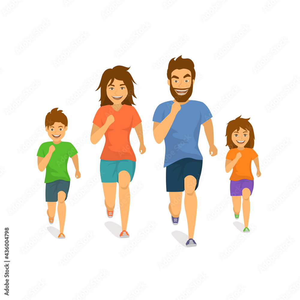 active family man woman boy girl parents and children running jogging ...