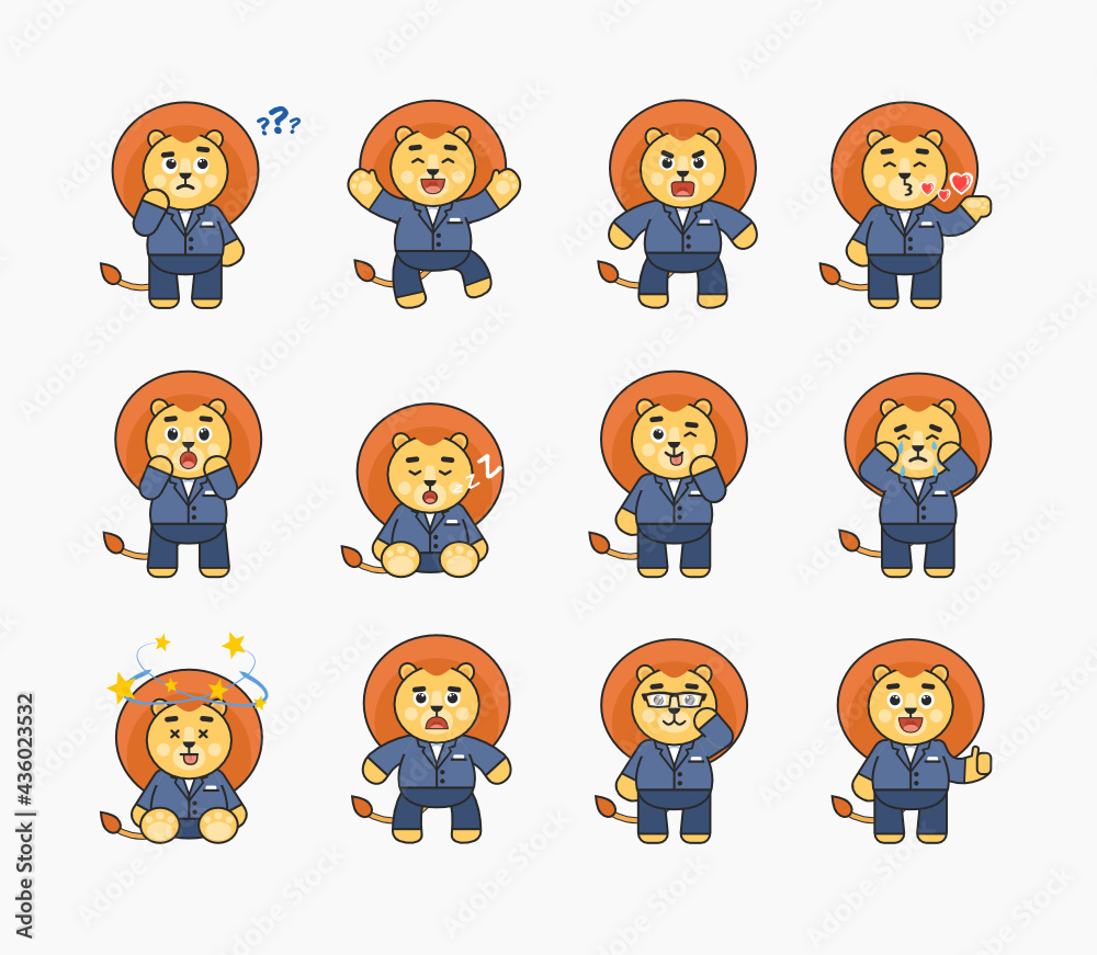 Set of lion characters in business suit showing various emotions, poses ...