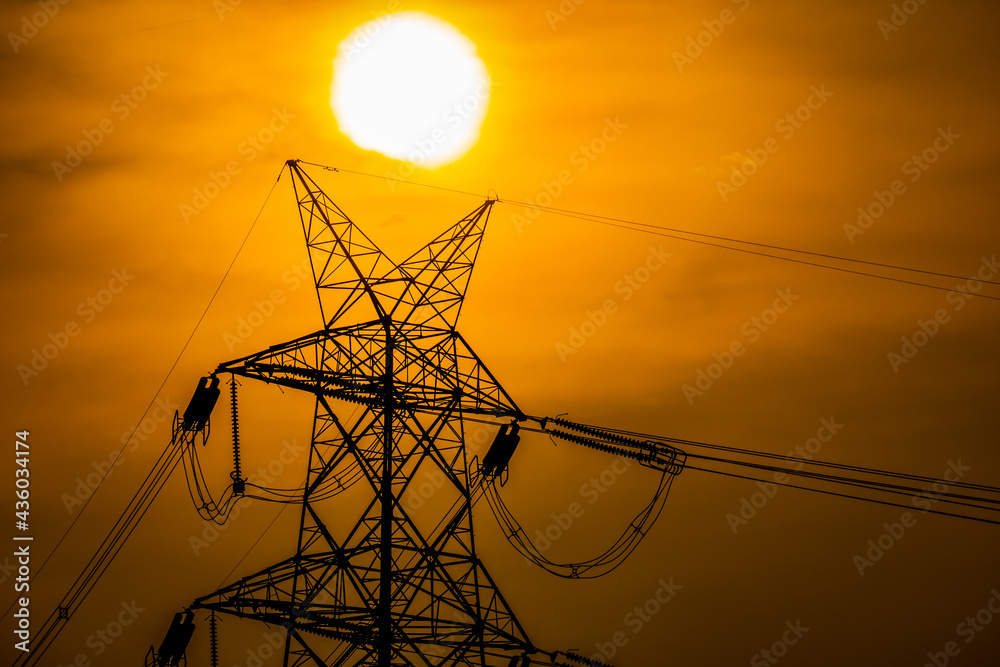 Silhouette effect of high voltage electric towers with electricity ...
