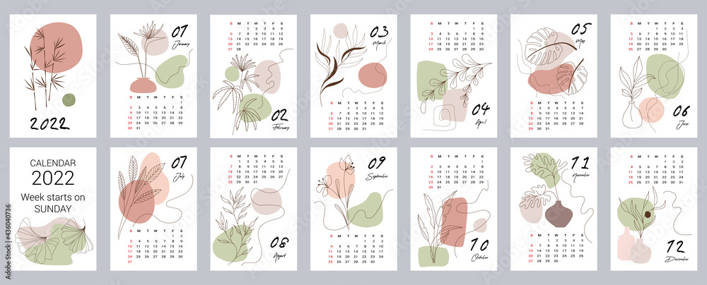 Calendar template for 2022. Vertical design with abstract floral ...