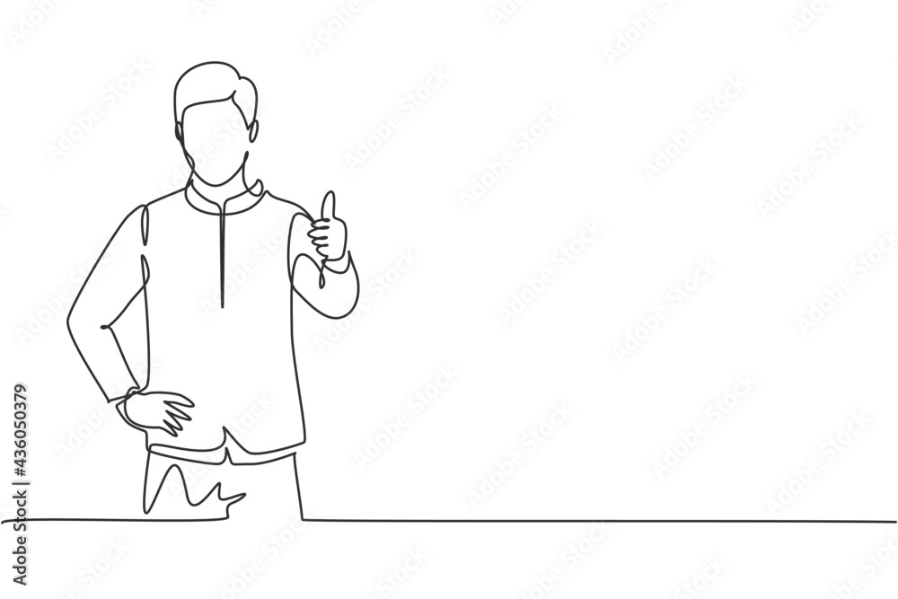 Single one line drawing of hotel doorman in a very neat uniform poses ...