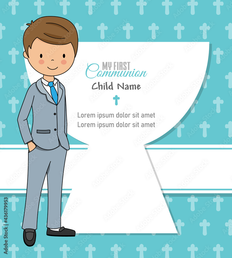 Vector de Stock My first communion card. Boy together frame with blank ...