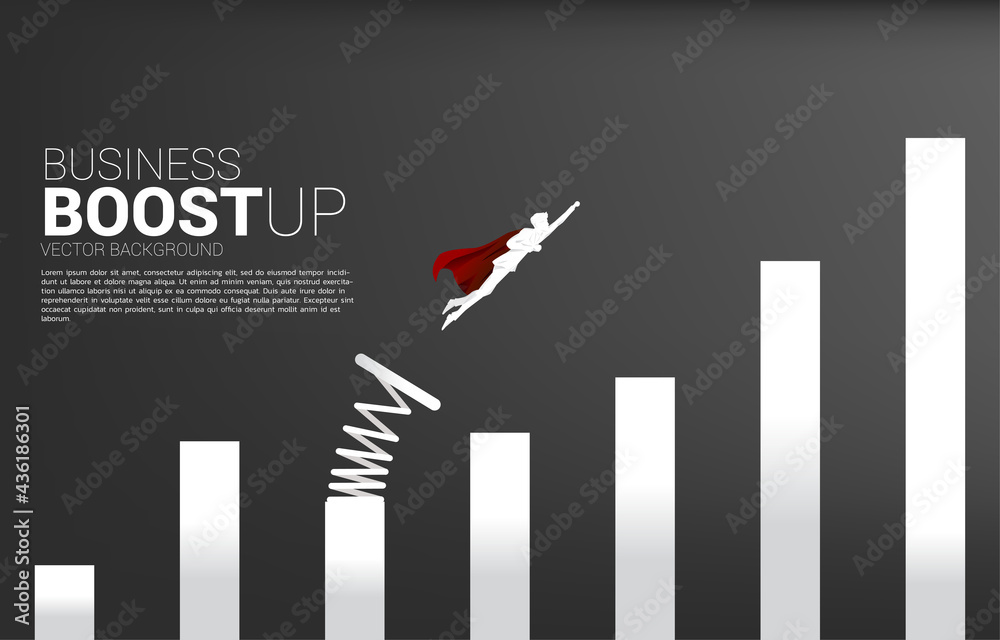 Silhouette of businessman flying to higher column of graph with ...