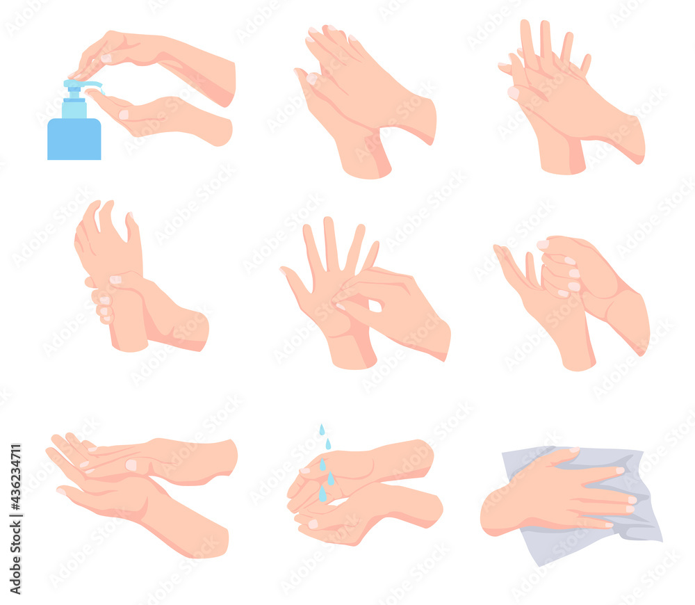 Steps of proper hand hygiene vector illustrations set. Cartoon person ...
