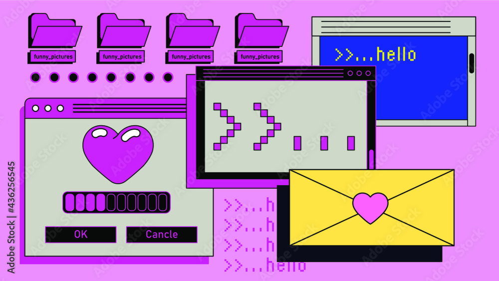 Retro style desktop with message boxes, terminal console window and ...