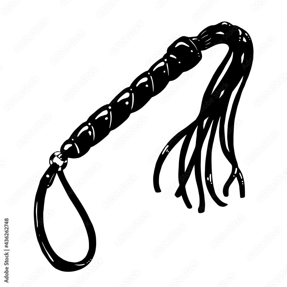 BDSM hand drawn flogger whip. Isolated on white background. Black and ...