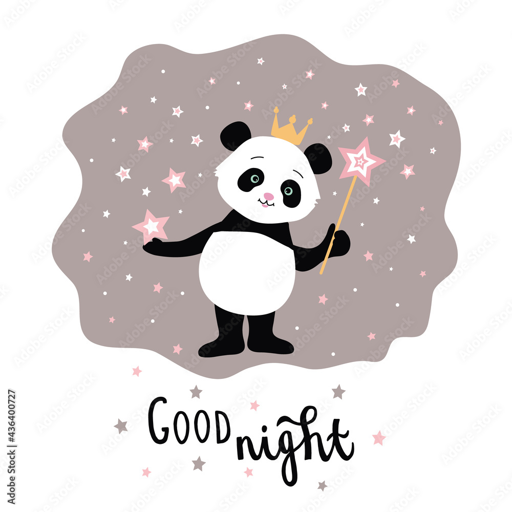 Vector night illustration with cute panda and text "Good night". Kids ...
