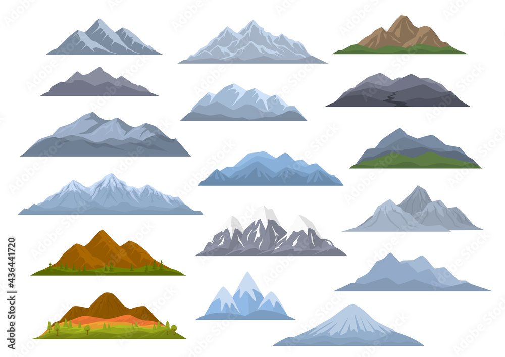different cartoon mountains set, isolated graphic vector illustration ...