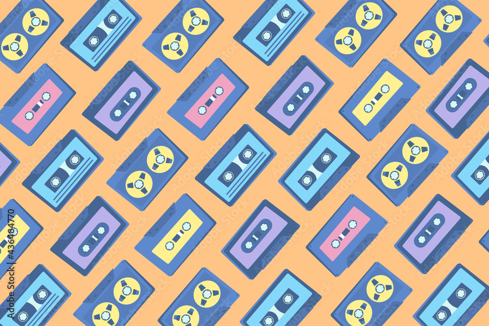 Audio compact cassette tape set, pattern on colored background, wallpaper. Vintage device for ...