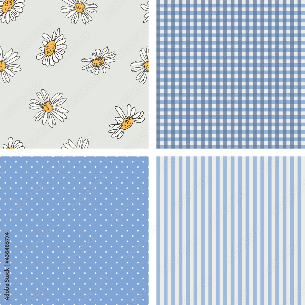 Collection of 4 pattern in rustic style. Plaid, dots, strips and daisy ...