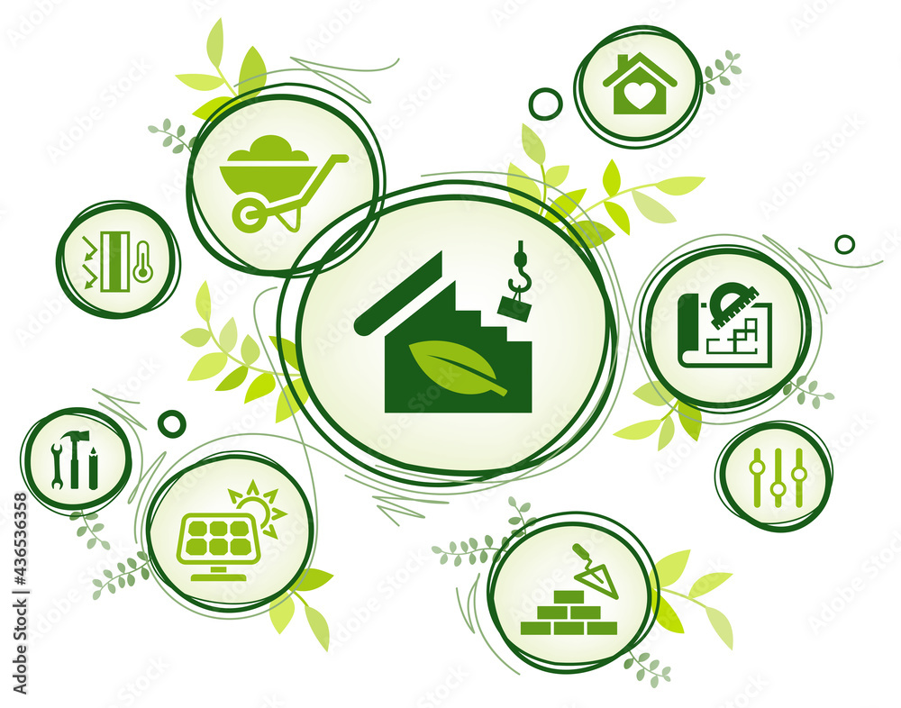Eco friendly home construction vector illustration. Concept with icons ...