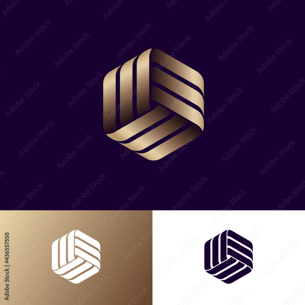 Abstract logo. Three golden ribbons, intertwined elements, infinity ...