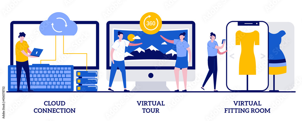 Cloud connection, virtual tour, virtual fitting room concept with tiny ...