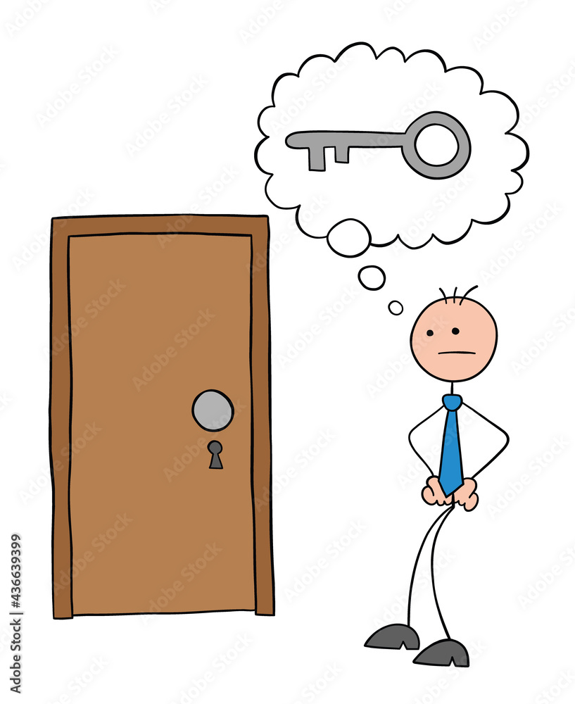 Stickman businessman character in front of the locked door but no key ...
