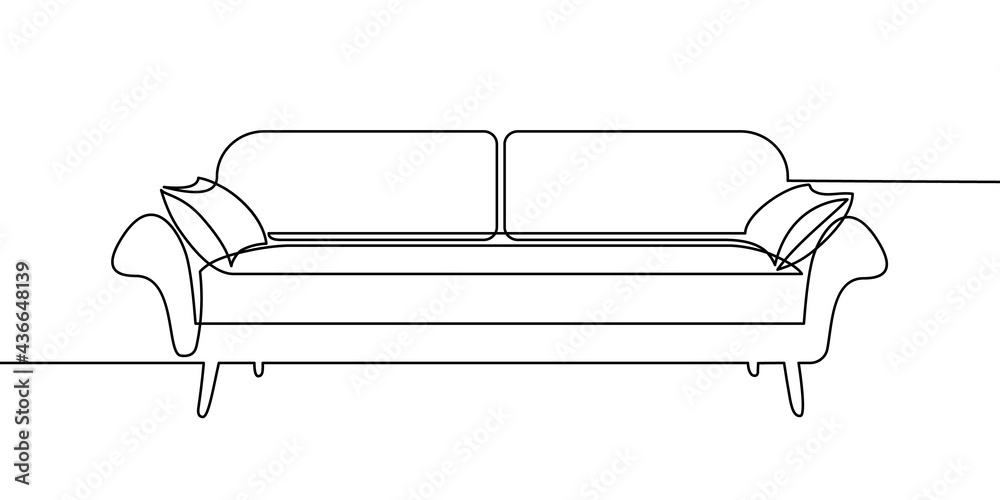 Sofa in continuous line art drawing style. Couch with two pillows. Home ...