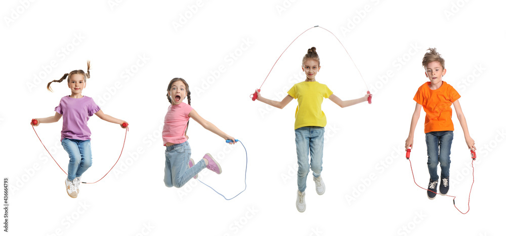 Cute happy children with jumping ropes on white background, collage ...