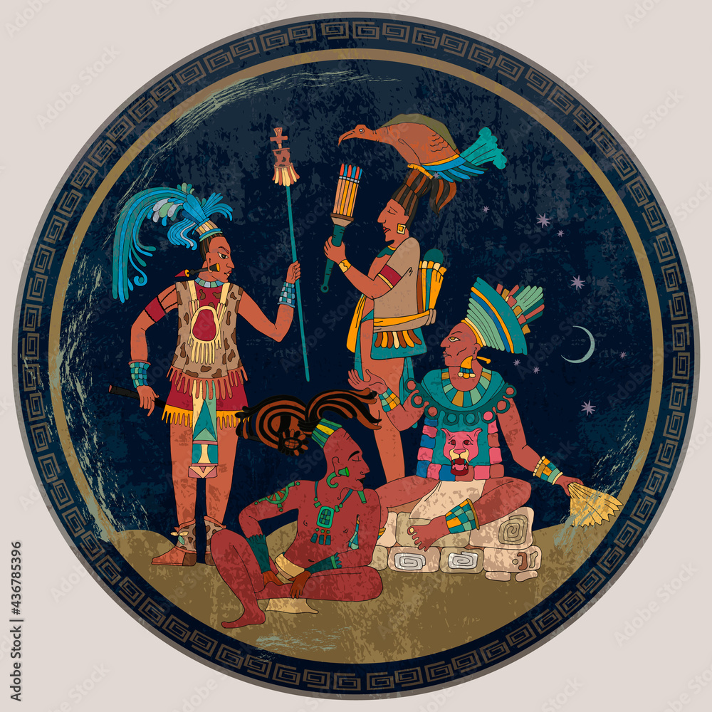 Ancient Mayan. Aztec and Inca people. Mural Painting. Maya tribal art ...